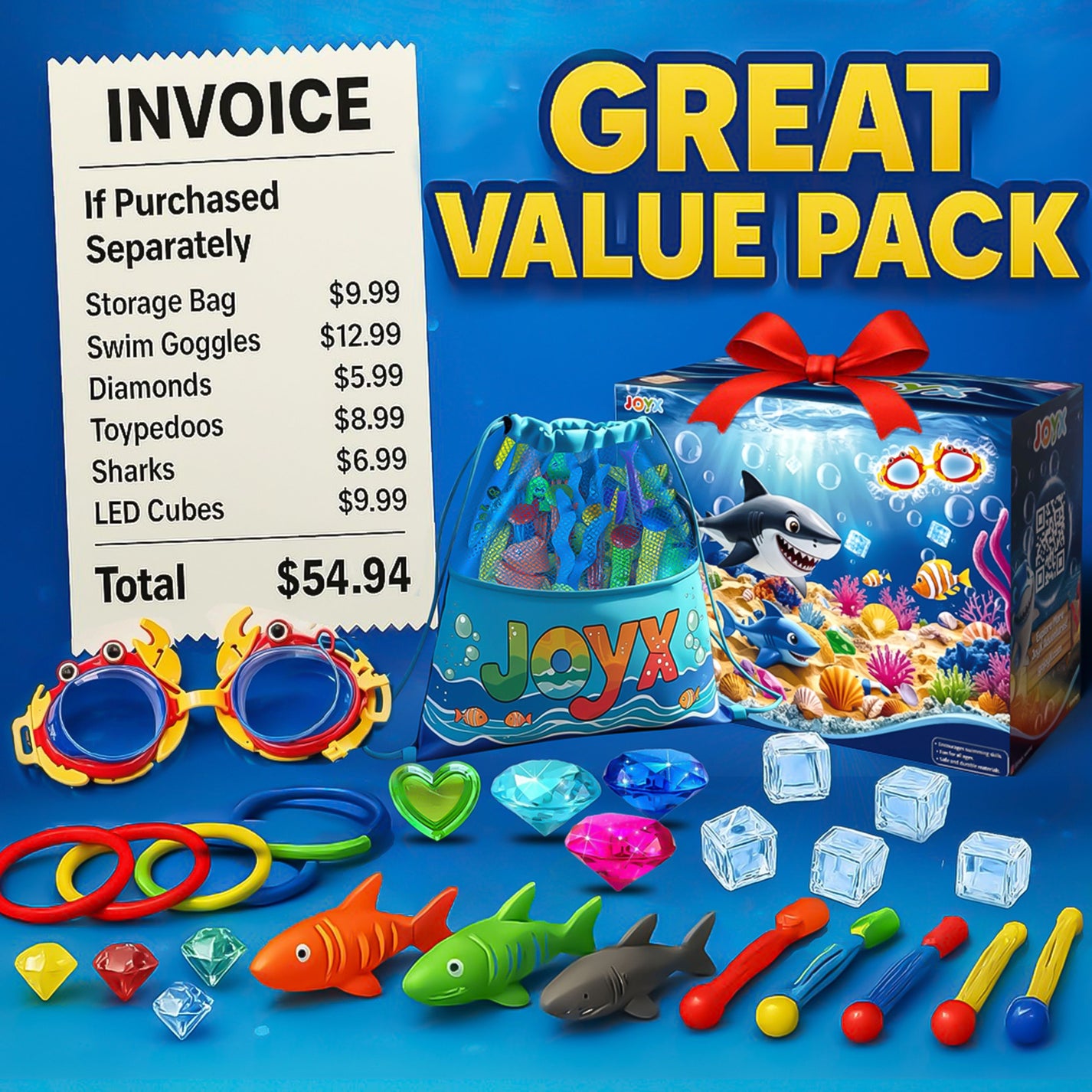 Diving Pool Toy Set - Water Play for Kids w/ LED Cubes – JoyX